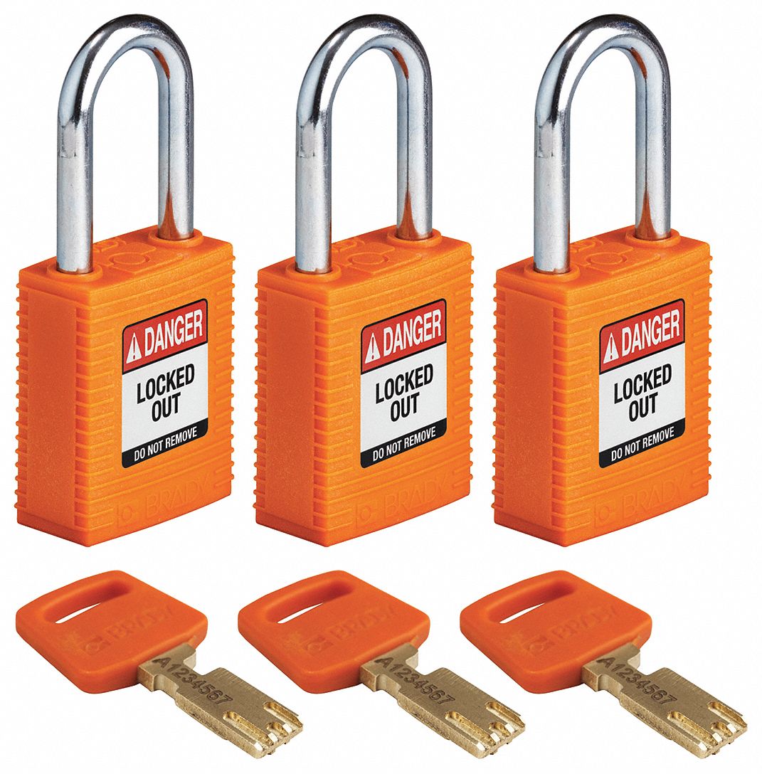 BRADY, Keyed Alike, Nylon, Lockout Padlock - 55JX64|NYL-ORG-38ST-KA3PK ...