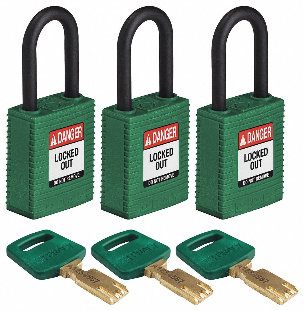 BRADY, Keyed Alike, Nylon, Lockout Padlock - 55JX88|NYL-GRN-38PL-KA3PK ...