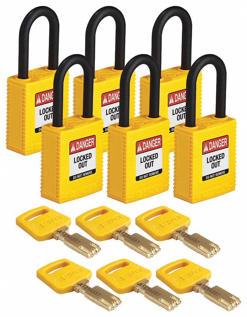 BRADY, Keyed Alike, Nylon, Lockout Padlock - 55JX96|NYL-YLW-38PL-KA6PK ...