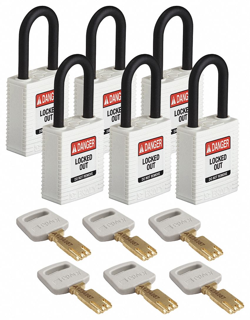 BRADY, Keyed Alike, Nylon, Lockout Padlock - 55JY04|NYL-WHT-38PL-KA6PK ...