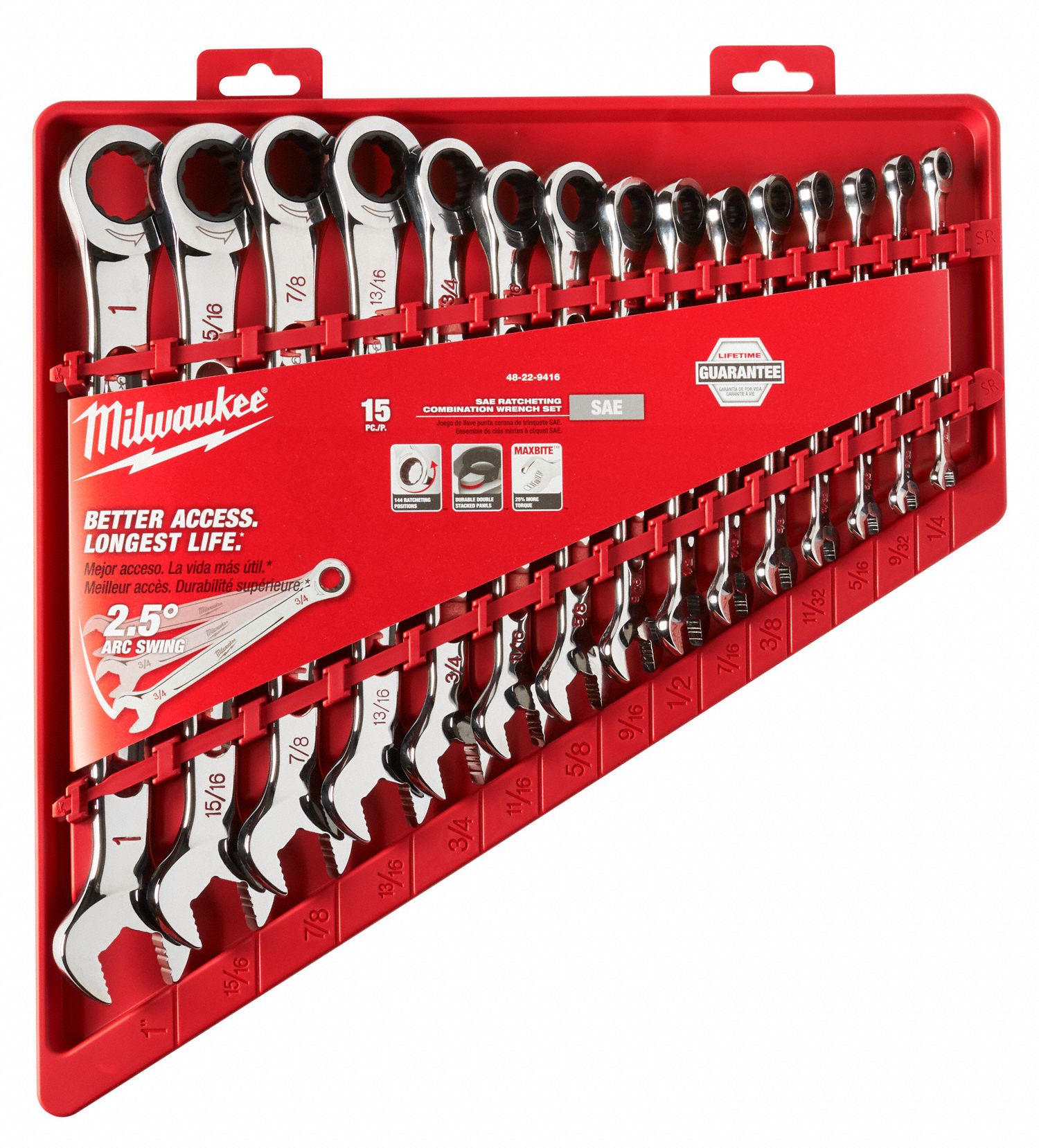 MILWAUKEE Combination Wrench Set: Alloy Steel, Chrome, 15 Tools, 1/4 in ...