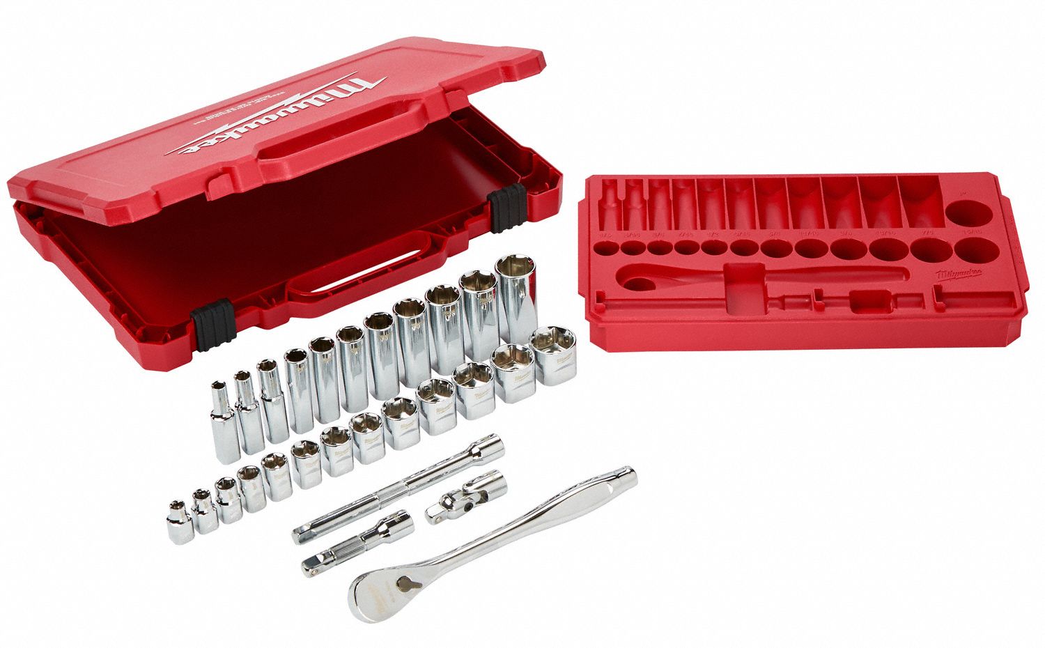 MILWAUKEE Socket Wrench Set: 3/8 in Drive Size, 28 Pieces, 1/4 in to 1 ...