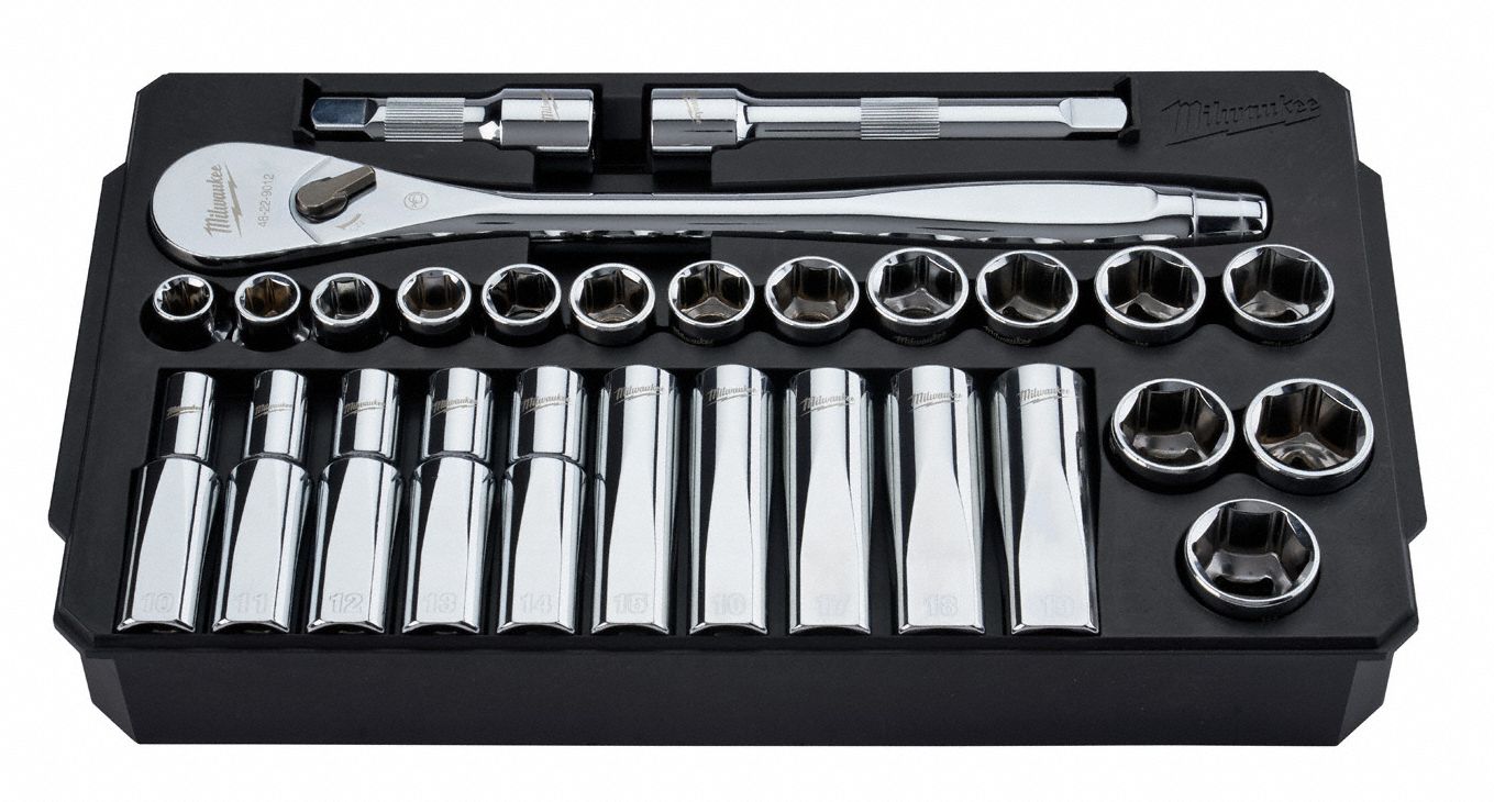 MILWAUKEE Socket Wrench Set: 1/2 in Drive Size, 28 Pieces, 10 mm to 24 ...