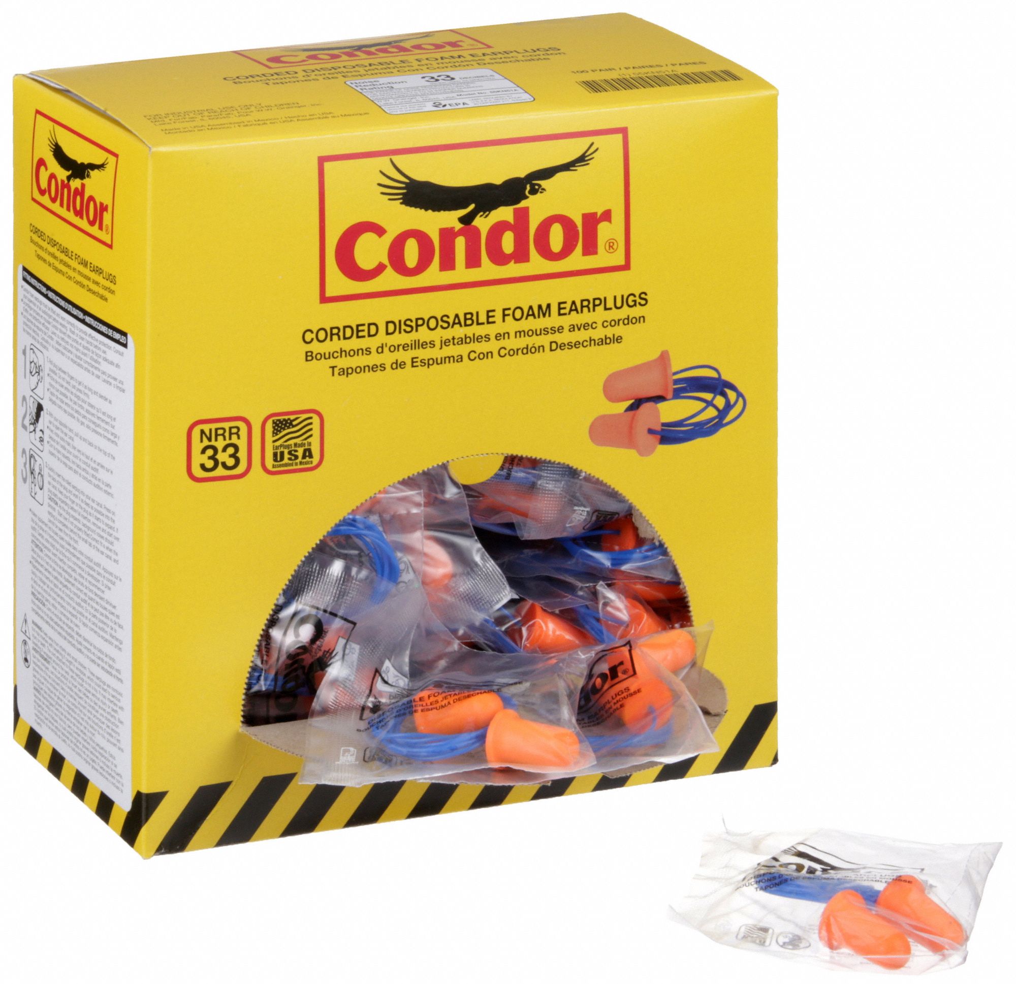 CONDOR Ear Plugs: Bell, 33 dB NRR, Gen Purpose, Corded, Disposable ...