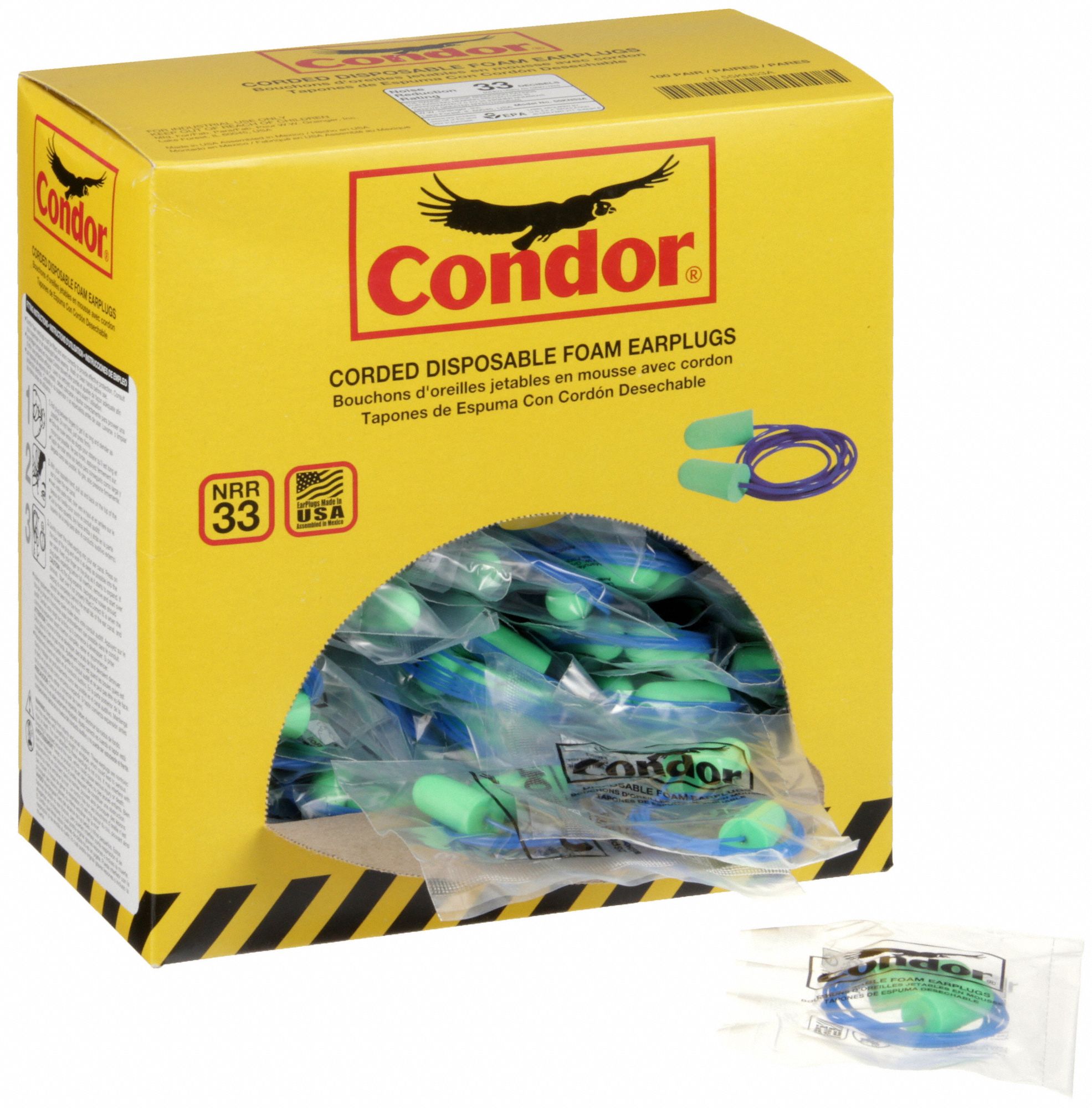 CONDOR Ear Plugs: Bullet, 33 dB NRR, Gen Purpose, Corded, Disposable ...