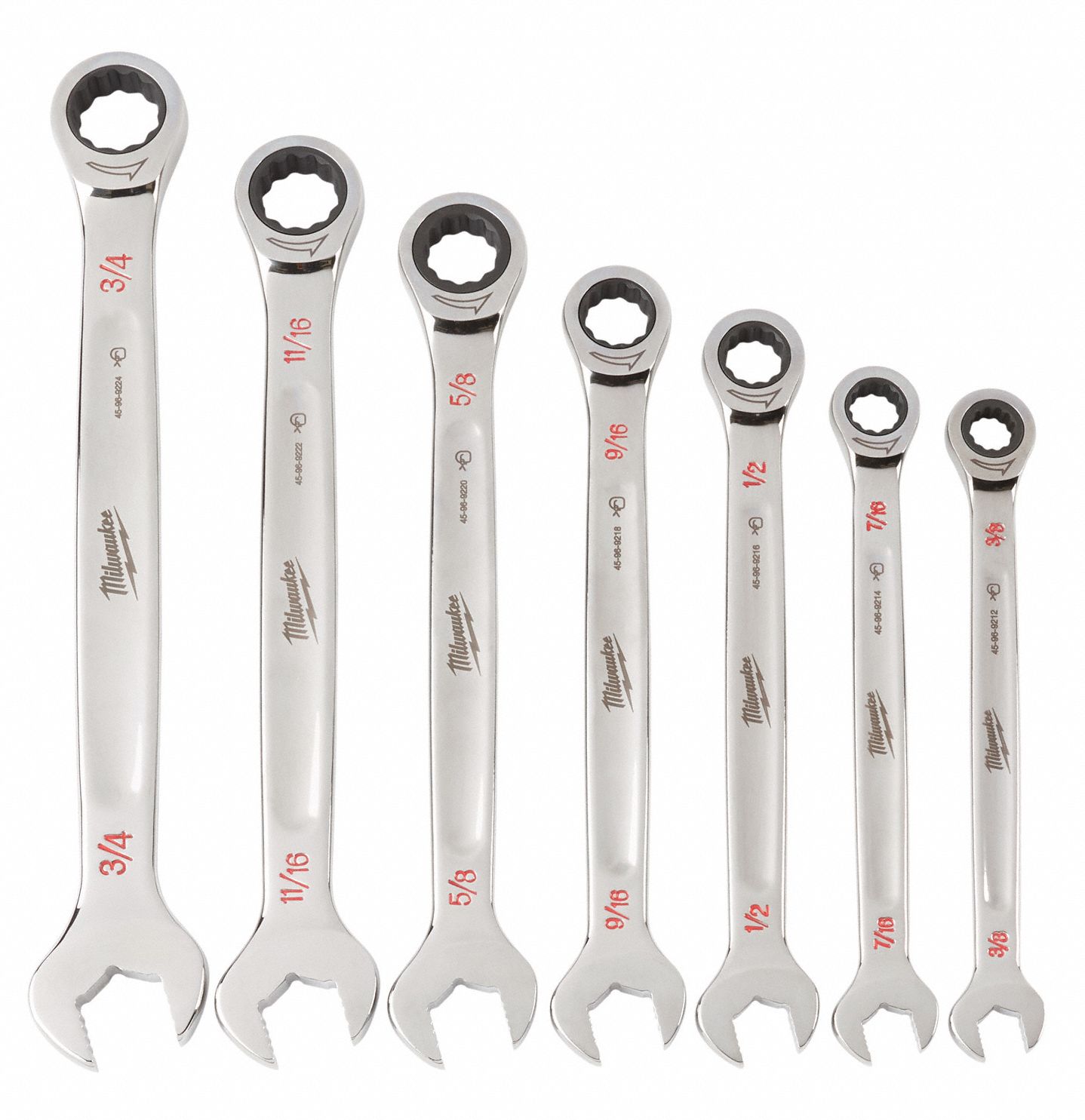 MILWAUKEE Ratcheting Combination Wrench Set: Alloy Steel, Chrome, 7 ...