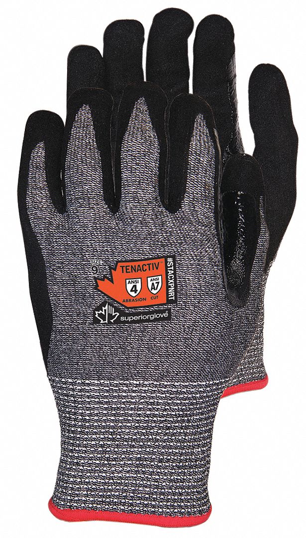 SUPERIOR GLOVE Knit Gloves: 3XL ( 12 ), ANSI Cut Level A7, Palm, Dipped, Nitrile, Sandy, Gray, 1 ...