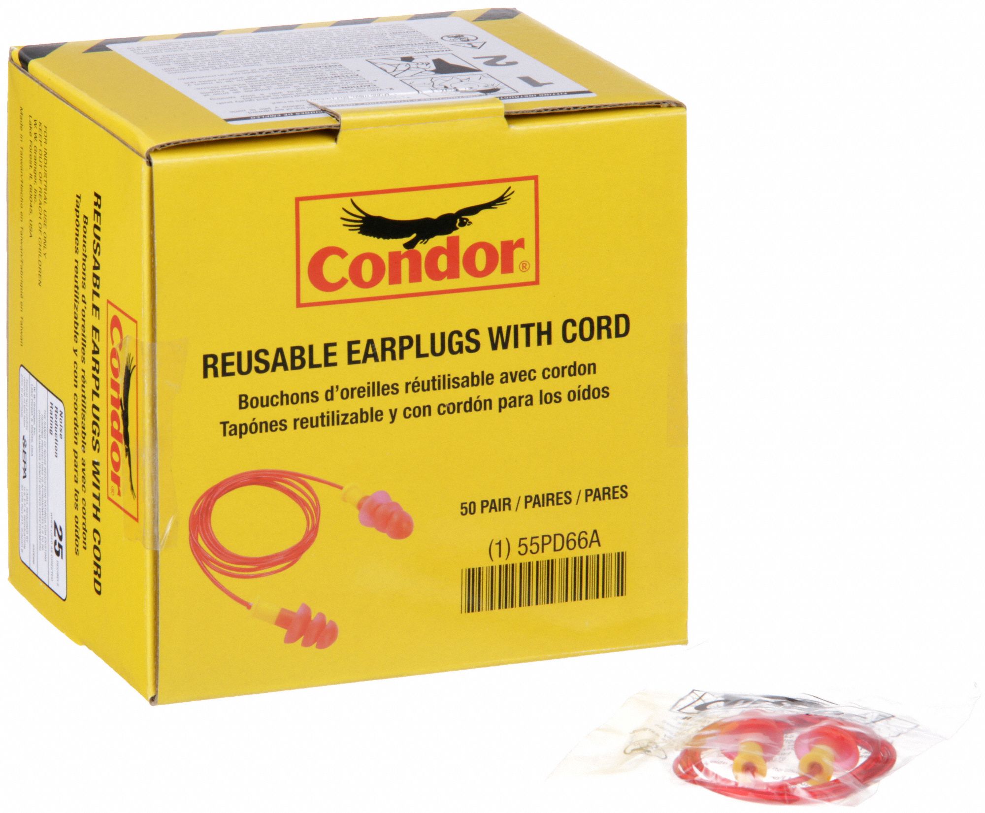 CONDOR Ear Plugs: Flanged, 25 dB NRR, Gen Purpose, Corded, Reusable ...