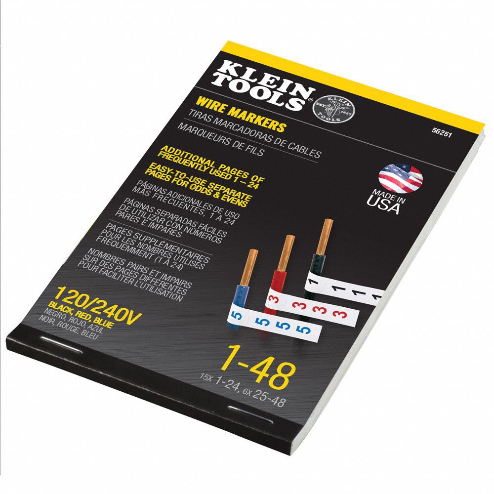 KLEIN TOOLS Individual Wire Marker: 1 to 48, Black/Blue/Red on White ...