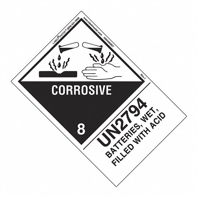 LABELMASTER, Corrosive, 4 3/4 in Label Ht, UN2794 Batteries Wet Filled ...