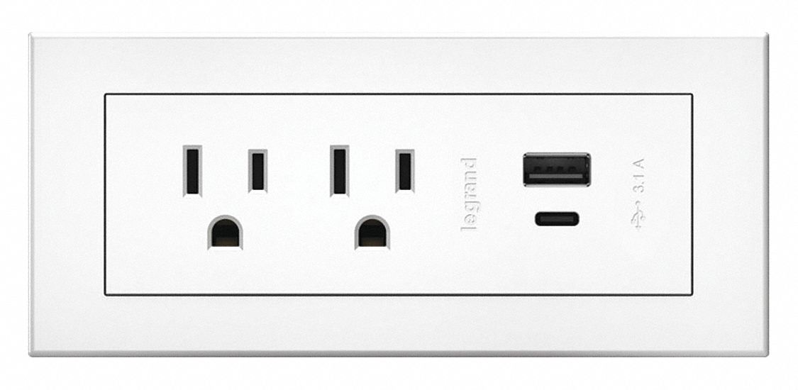 LEGRAND, 2 Outlets, Type A/Type C, Furniture Power Outlet - 56FN39 ...