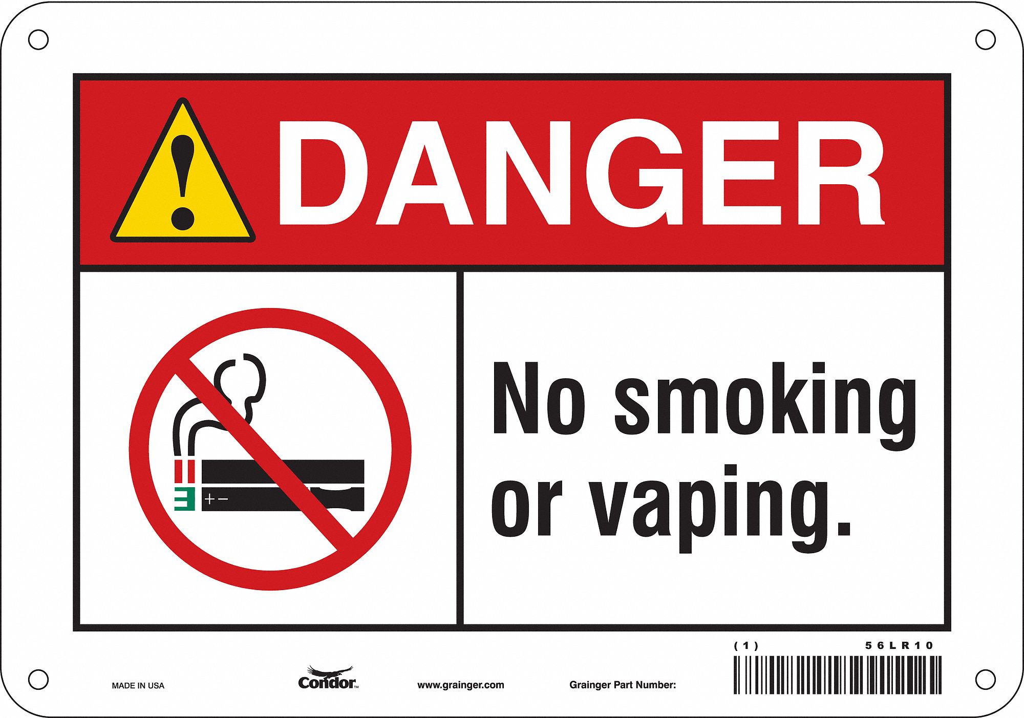 CONDOR Safety Sign, Sign Format ANSI/OSHA Format, No Smoking Or Vaping ...