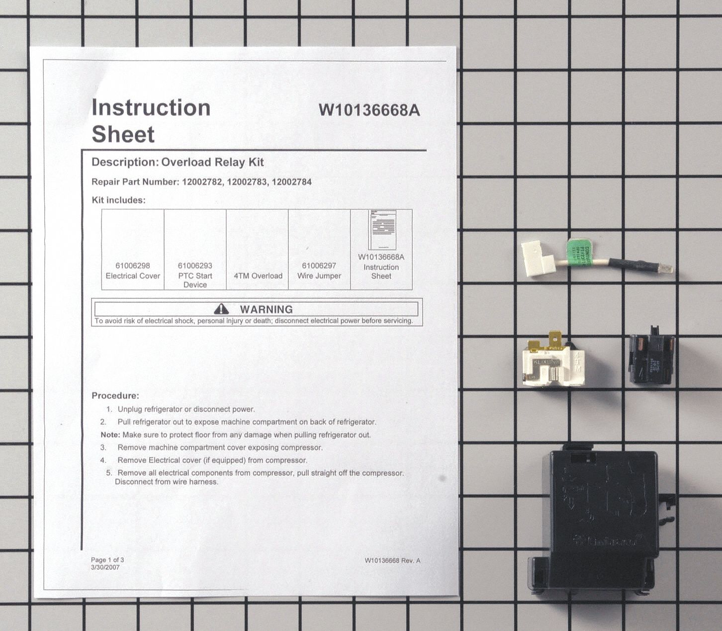 WHIRLPOOL Compressor Overload and Relay Kit - 58NT44|12002782 - Grainger
