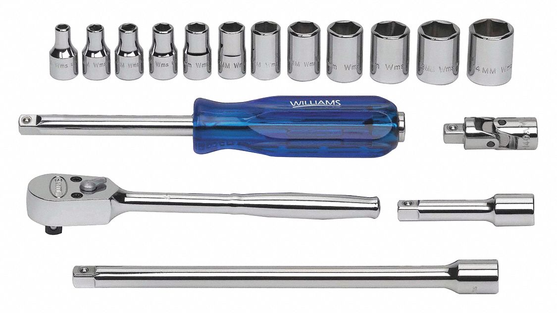 WILLIAMS, Socket Set,1/4" D,6Pt,17pcs.,w/Box - 58UH26|MSM-17HFTB - Grainger