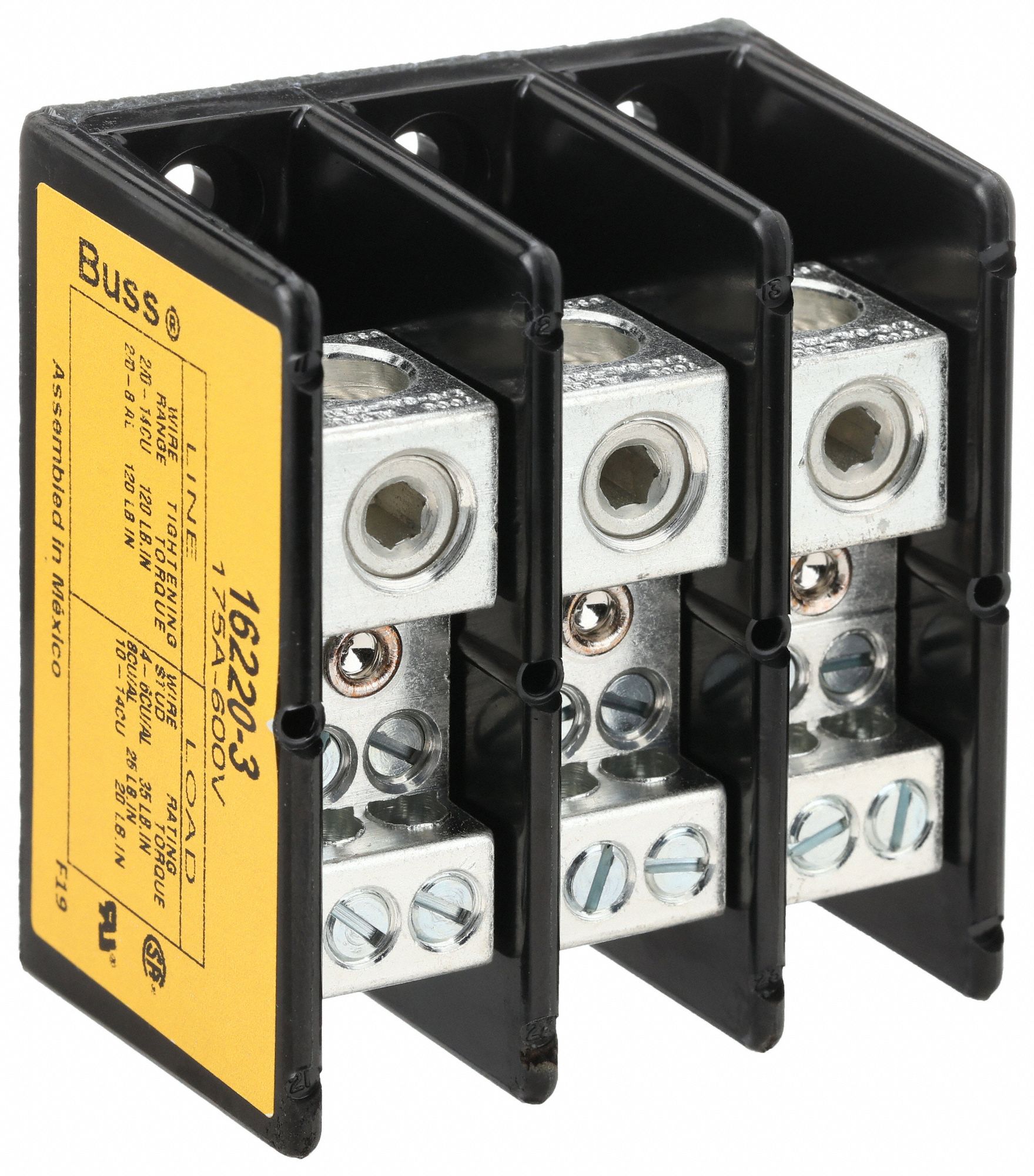 BUSSMANN, 3 Poles, 14 AWG – 2/0 AWG Line Side Wire Size Range, Miniature Distribution Block ...