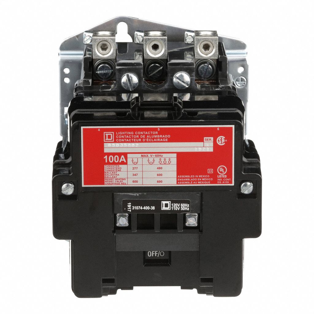 SQUARE D Lighting Magnetic Contactor: 3 Poles, 120V AC, 100 A Full Load ...