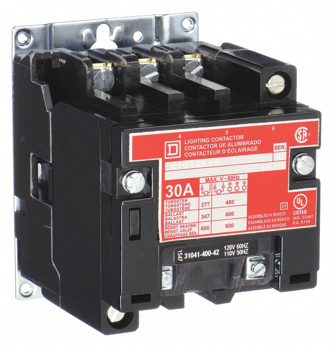 SQUARE D, 3 Poles, 120V AC, Lighting Magnetic Contactor - 5B141 ...