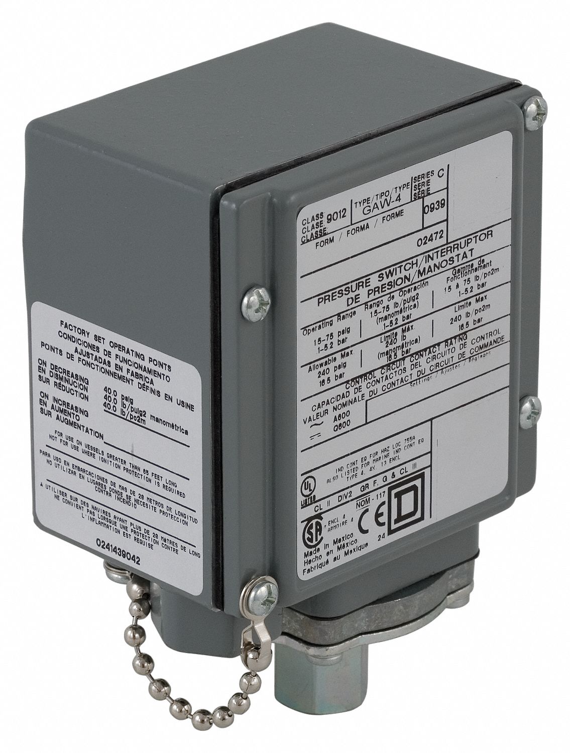 SQUARE D PRESSURE SWTCH,1.5 TO 75 PSI,SPDT,STNDRD - Industrial Machine ...