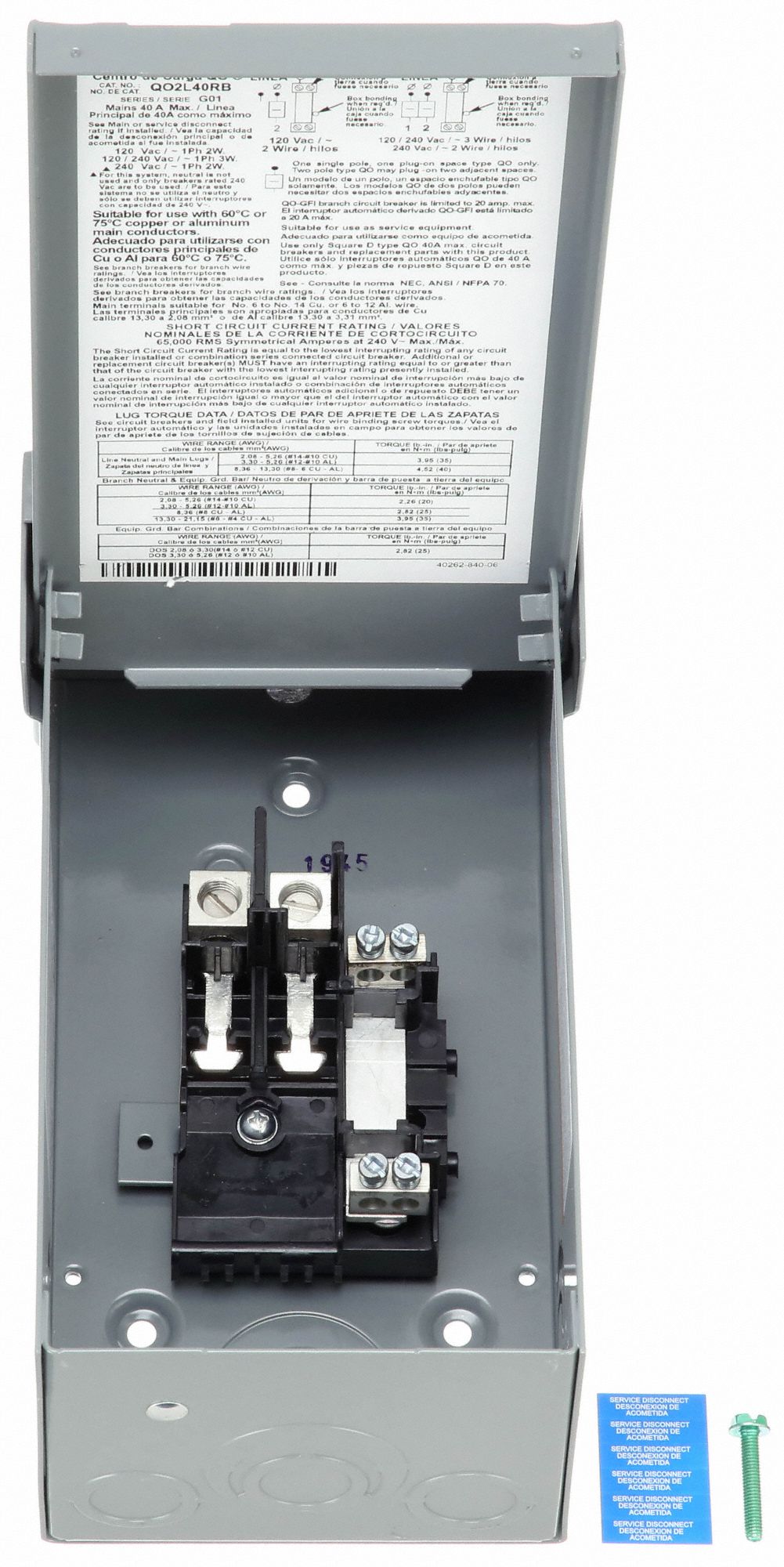 SQUARE D Load Center: 40 A Amps, 120/240V AC, 2 Spaces, 65kA, 0 Max. No ...