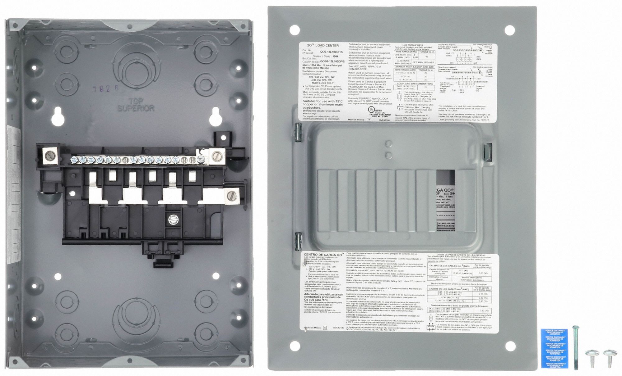 SQUARE D Load Center: 100 A Amps, 120/240V AC, 6 Spaces, 10kA, 6 Max ...