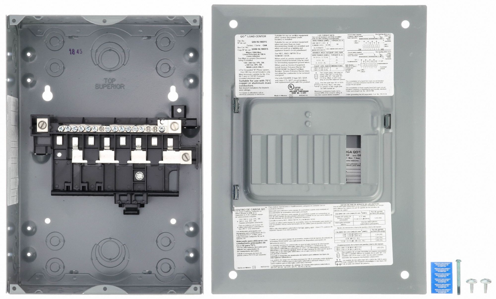 SQUARE D Load Center: 100 A Amps, 120/240V AC, 8 Spaces, 10kA, 8 Max ...