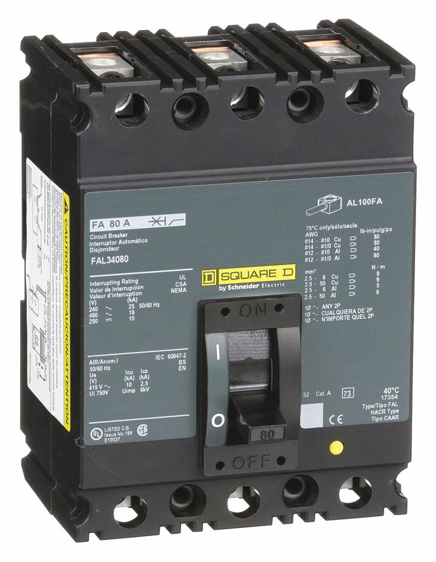 Circuit Breaker, 80 Amps, Number of Poles 3, Series FAL, For Use With ...