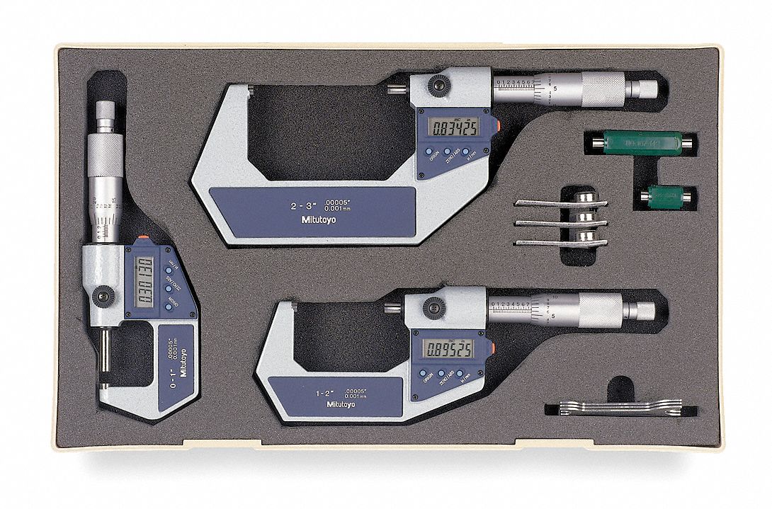 Digimatic Micrometer Set, Range 0 to 3 In/0 to 75mm, SPC Output Yes ...