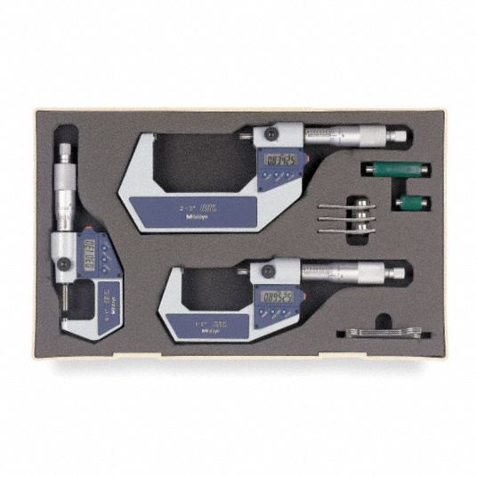 Digimatic Micrometer Set, Range 0 to 3 In/0 to 75mm, SPC Output Yes ...