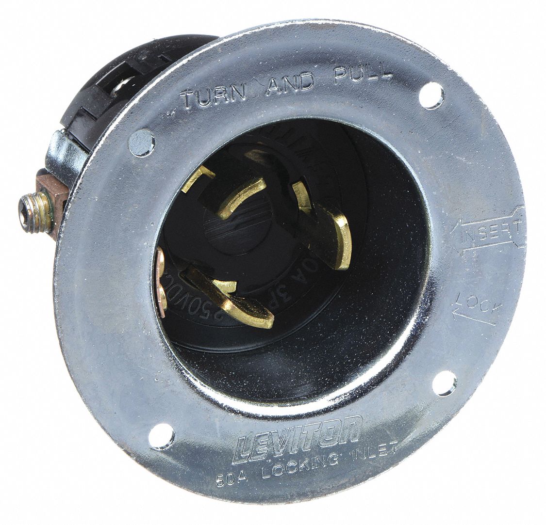 Gray Flanged Locking Inlet, 50 Amps, 600V AC/250V DC Voltage, NEMA ...