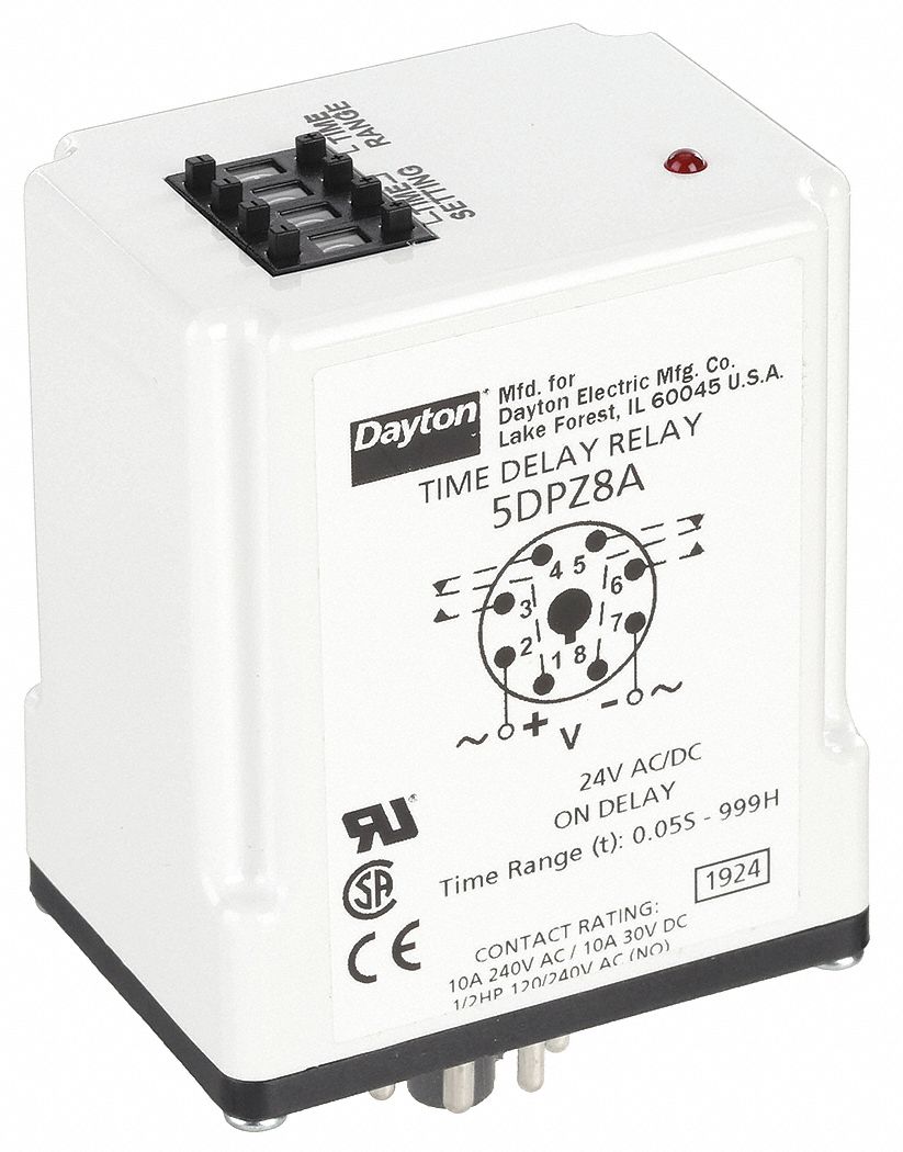 DAYTON, Socket Mounted, 24V AC/DC, Single Function Time Delay Relay ...