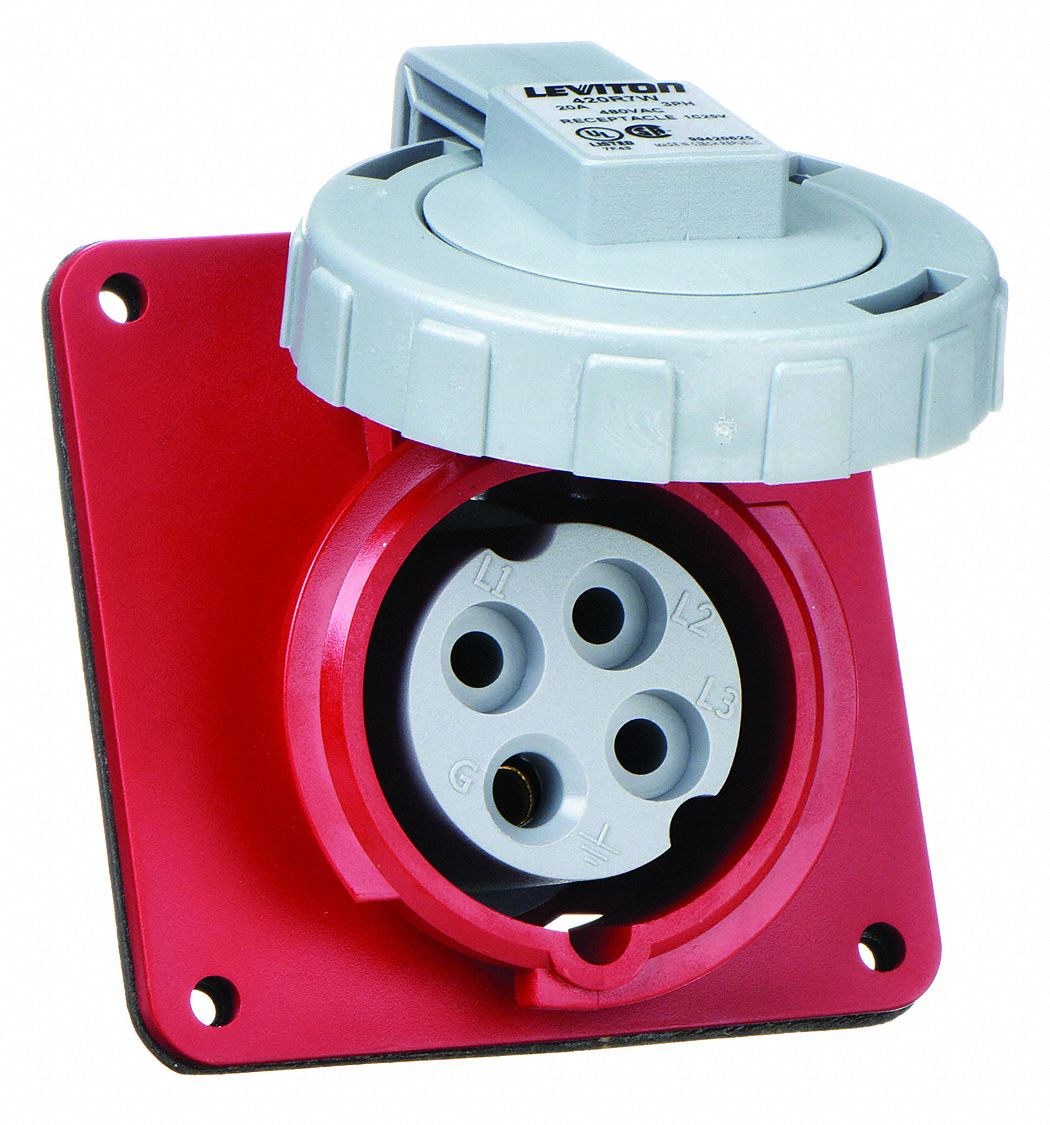20 Amp, 3-Phase Valox 357 Watertight Pin and Sleeve Receptacle, Red ...