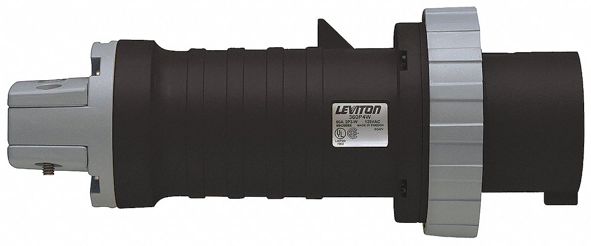 LEVITON 60 Amp, 3-Phase Valox 357 Watertight Pin and Sleeve Plug, Black ...