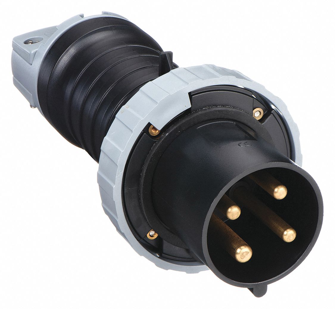 60 Amp, 3-Phase Valox 357 Watertight Pin and Sleeve Plug, Black - Grainger
