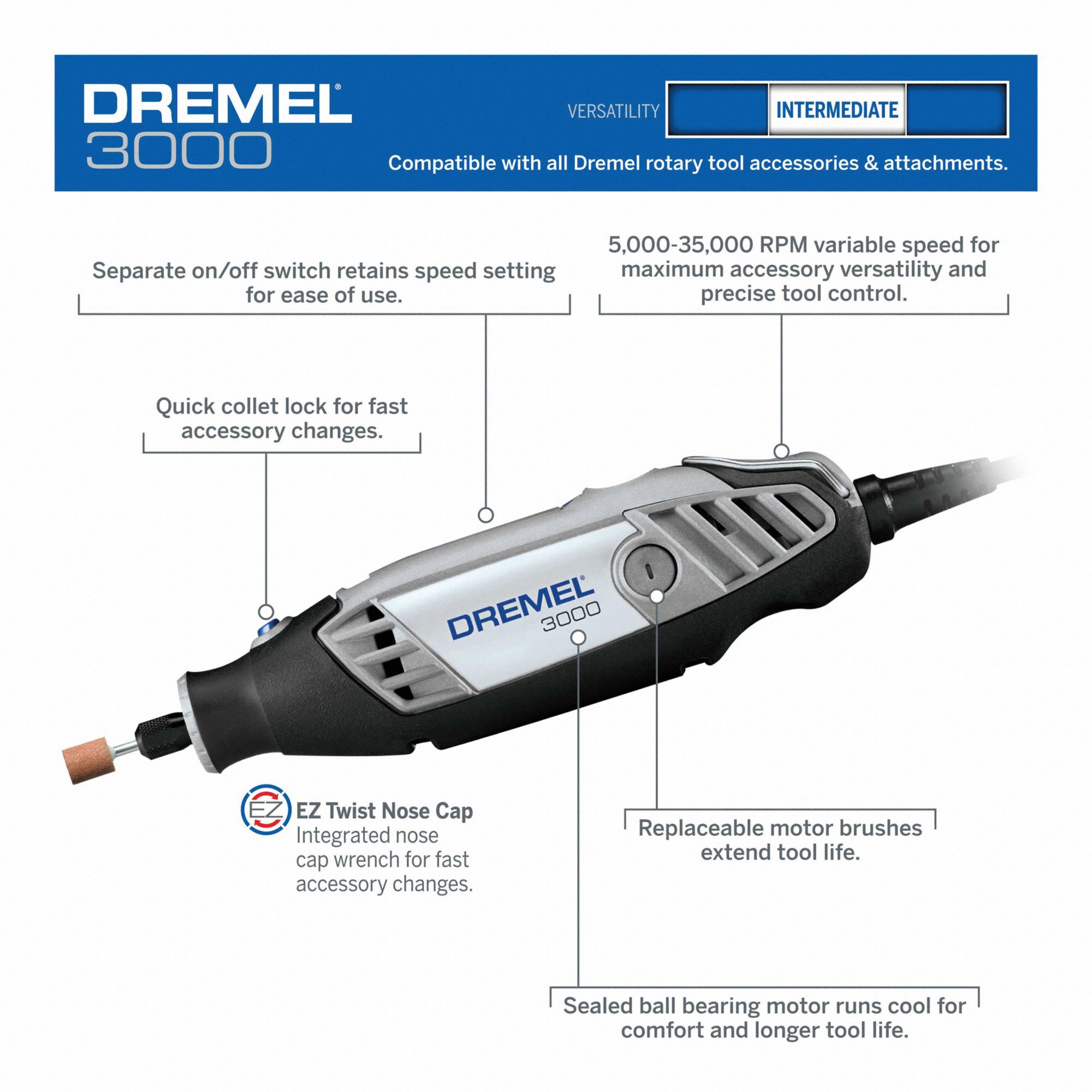 DREMEL Rotary Tool Kit: 1.6 A Current, 35,000 RPM Max. Speed, Variable ...
