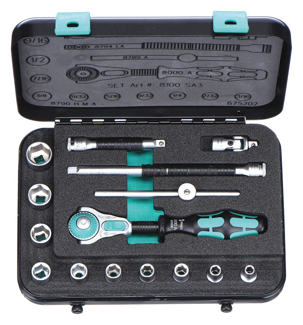 Socket Wrench Set, Socket Size Range 3/16 in to 9/16 in, Square, Drive ...