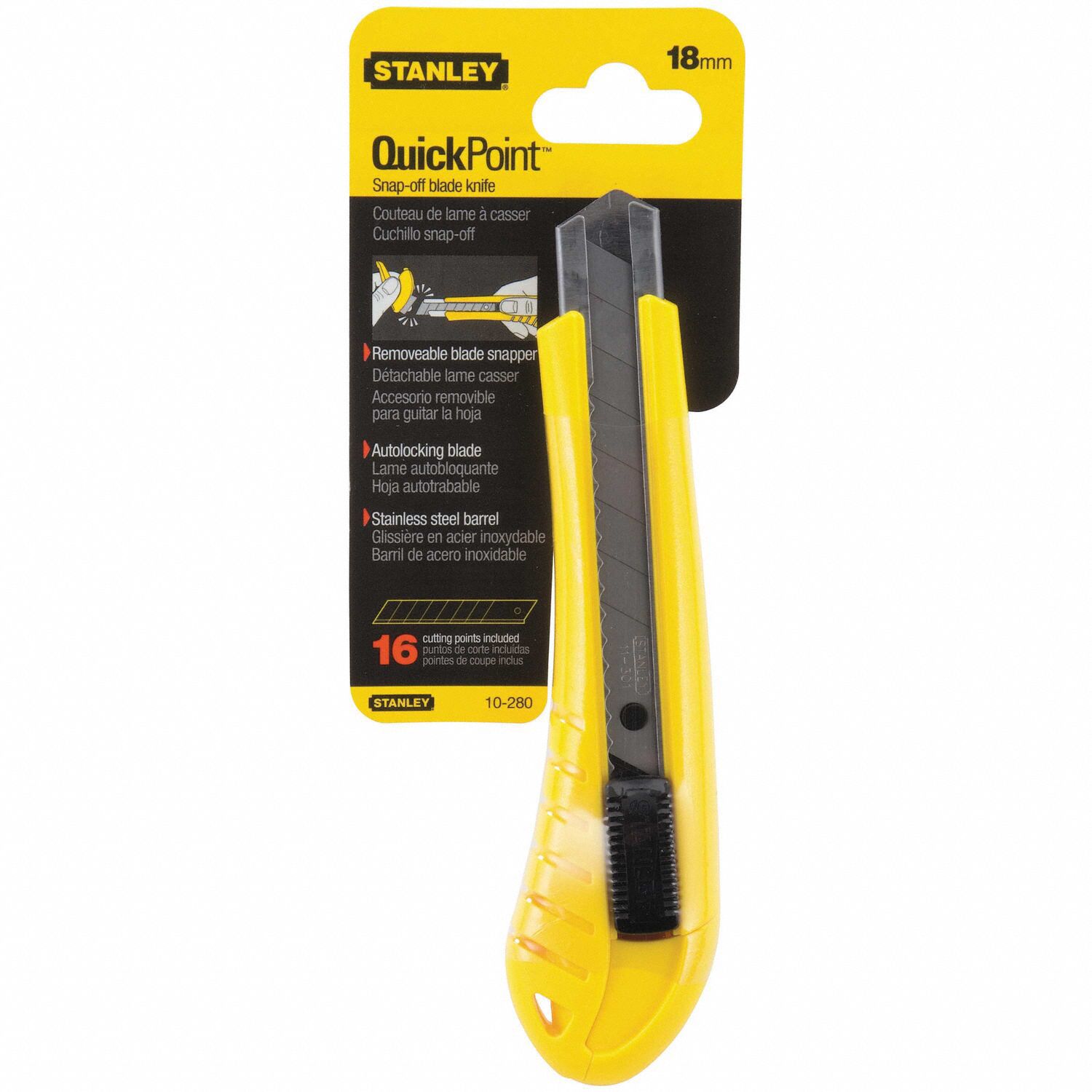 STANLEY Snap-Off Utility Knife: 7 in Overall Lg, Textured, 8 Segments ...