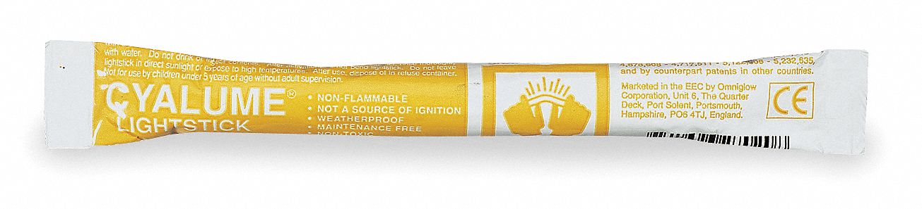 Yellow Glow Stick, 6 in Length, 12 hr Duration, 1 EA - Grainger