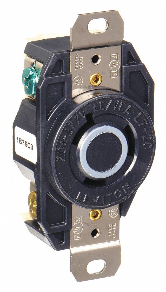 Black Locking Receptacle, 20 Amps, 277V AC Voltage, NEMA Configuration ...