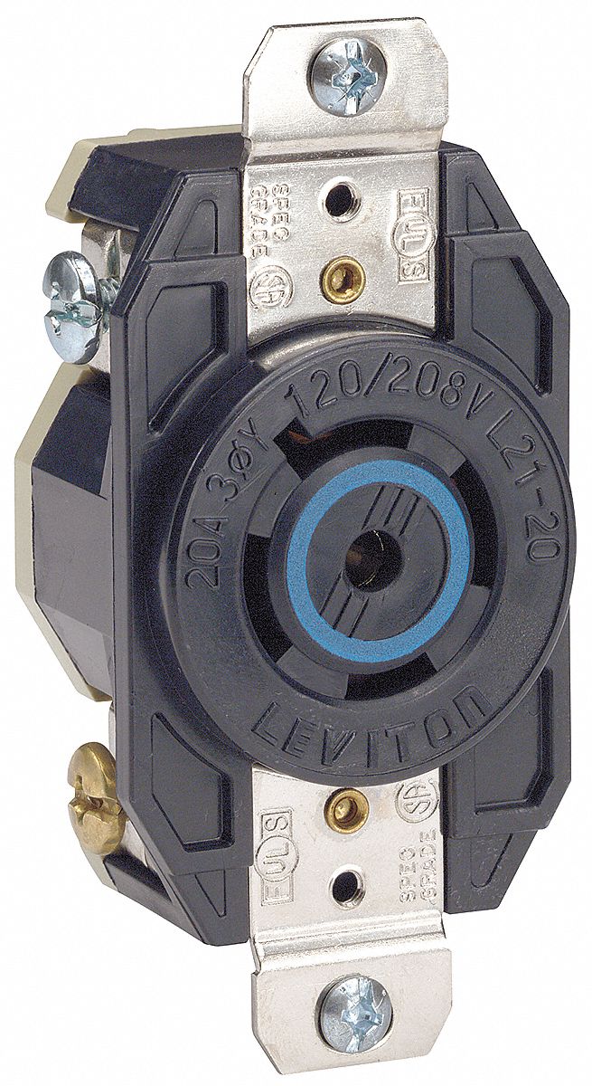 LEVITON Black Locking Receptacle, 20 Amps, 120/208V AC Voltage, NEMA ...