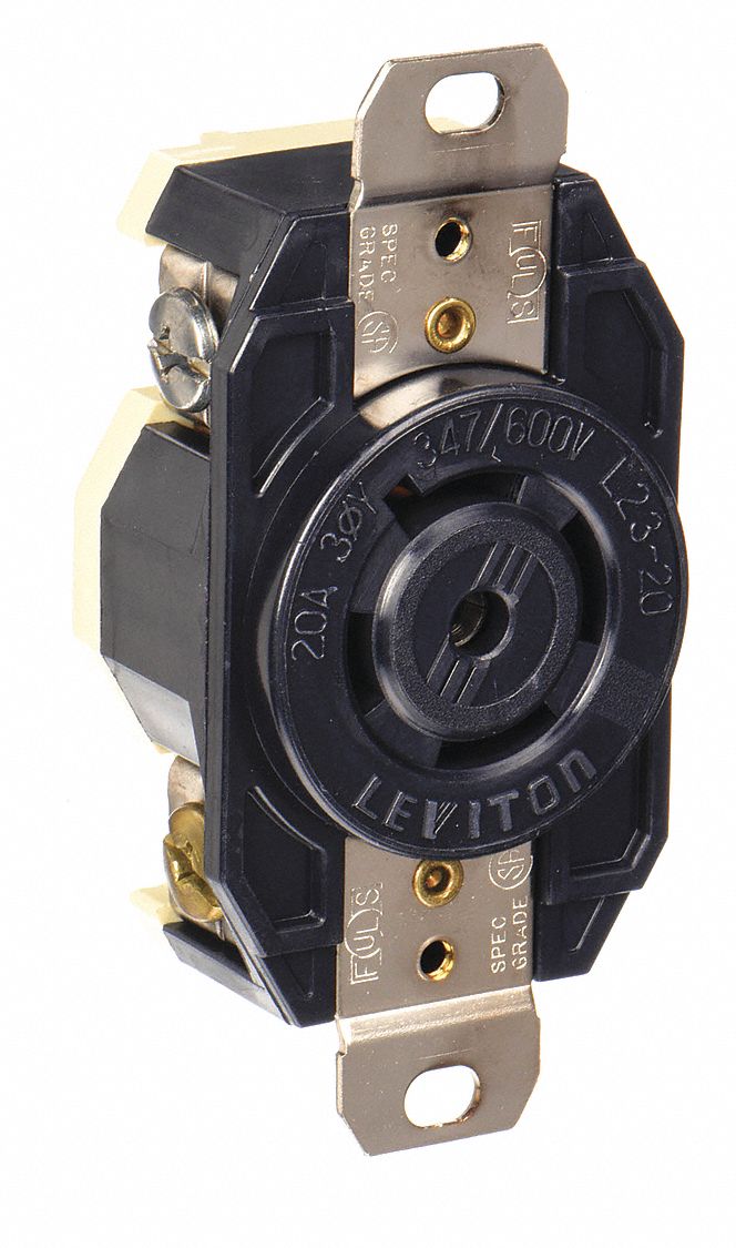 Black Locking Receptacle, 20 Amps, 347/600V AC Voltage, NEMA ...