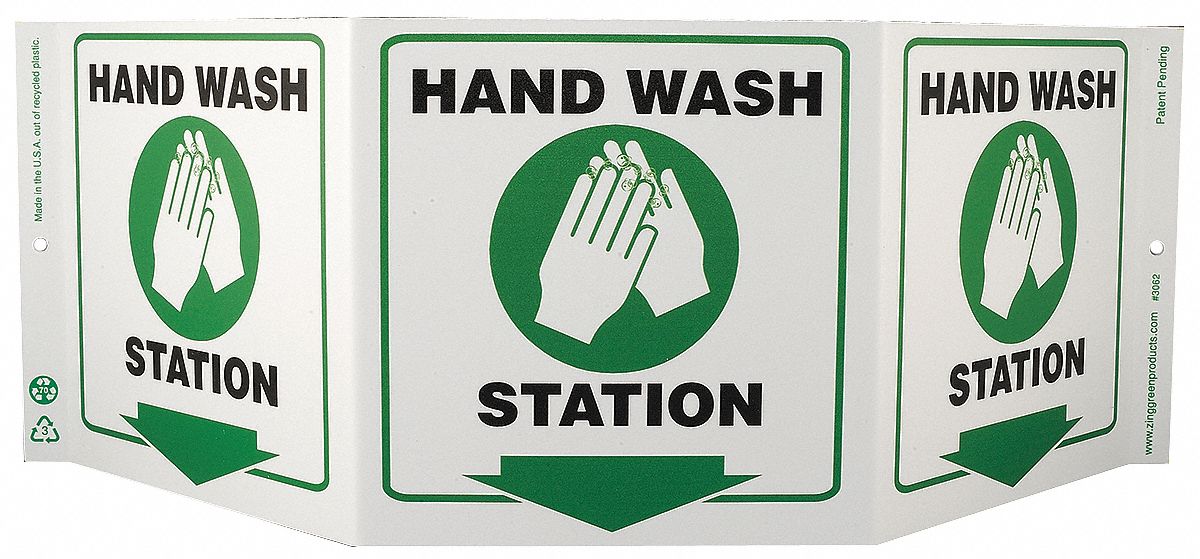 Plastic, Hand Wash Sign, 20" Width, 7-1/2" Height, Green, With Mounting ...