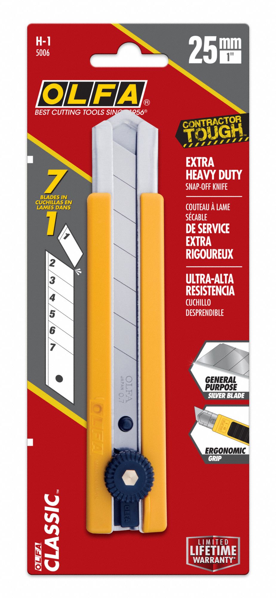 OLFA Snap-Off Utility Knife: 7 in Overall Lg, Plain, 7 Segments, 0 Blades Stored, Yellow - 5LC35 ...