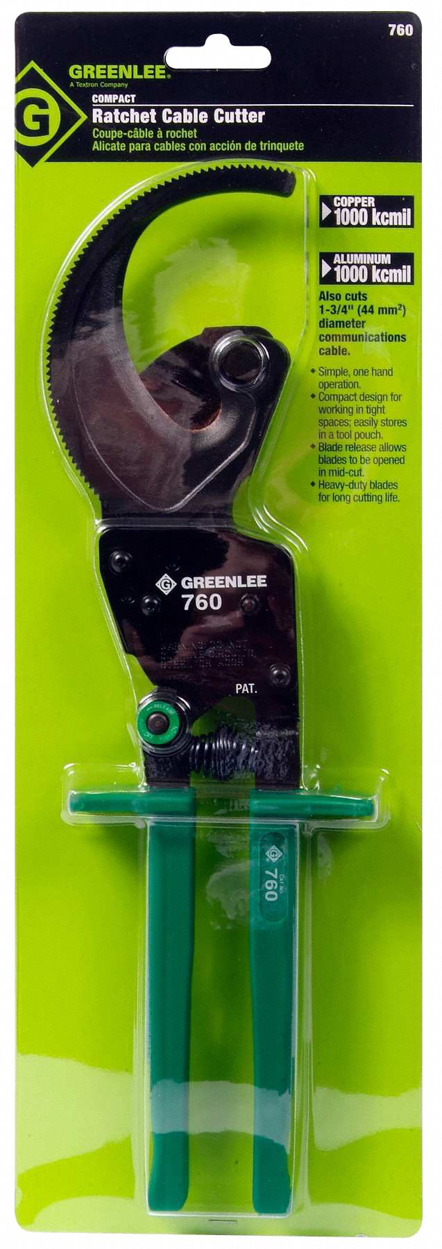GREENLEE Ratchet Cable Cutter: Steel, Center, For 1,000 kcmil Max Dia ...