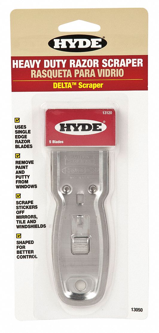 HYDE Glass Scraper: 1 1/2 in Blade Wd, Carbon Steel, 1/2 in Blade Lg ...