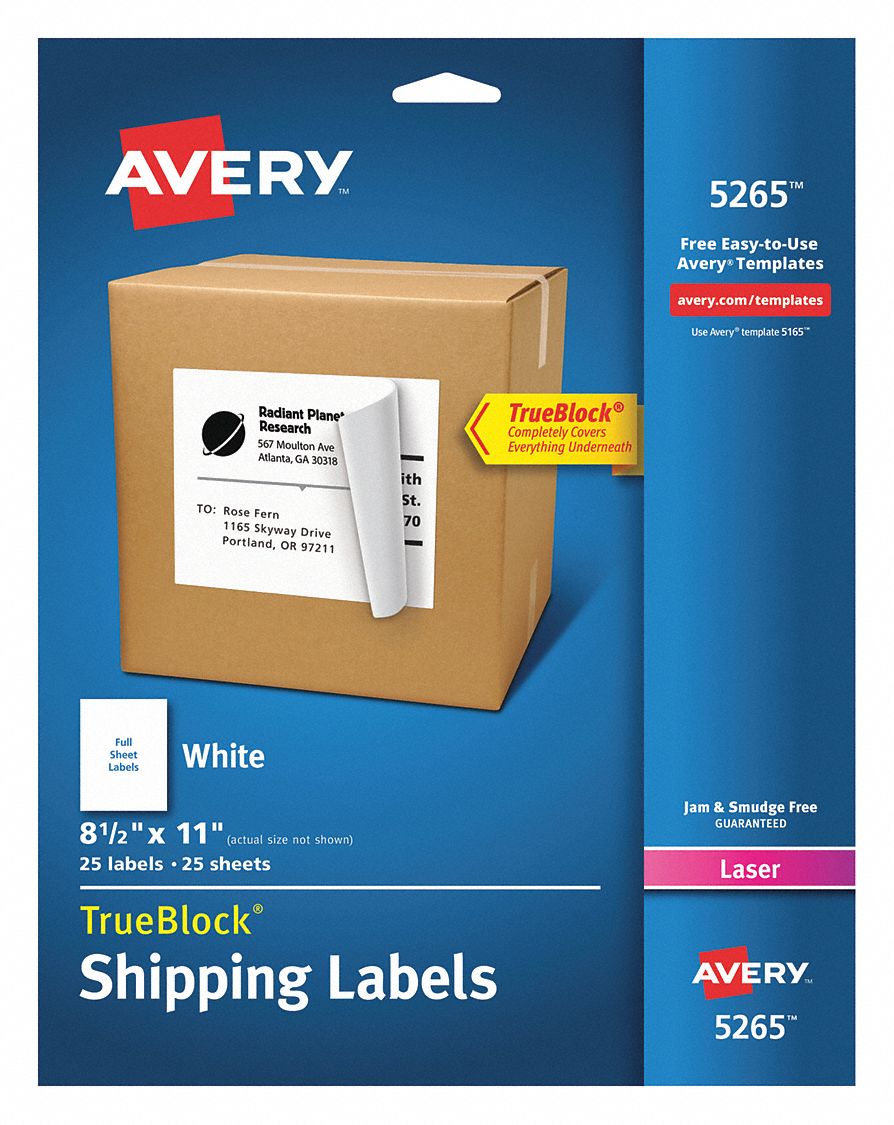 AVERY LASER LABEL, 5265, WHITE, 8 1/2 IN LABEL H, 11 IN LABEL W, 25 ...
