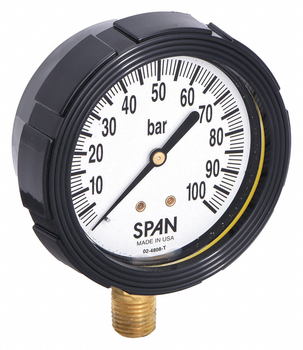 SPAN, 0 bar / Hg to 100 bar, 2 1/2 in Dial, Industrial Pressure Gauge ...