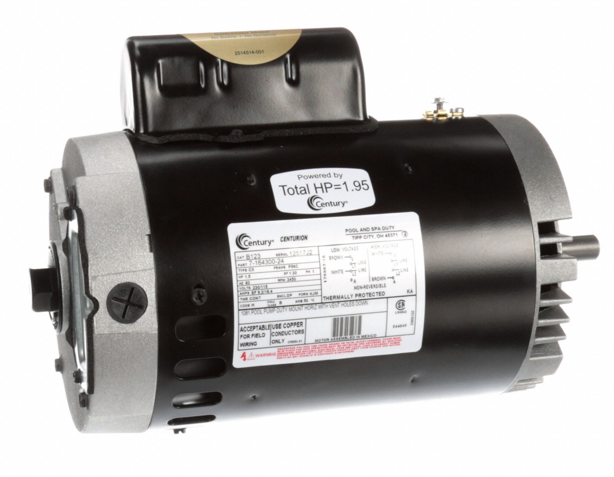 CENTURY Pool and Spa Pump Motor: Face Mounting, 1 1/2 HP, 1.3 Motor ...