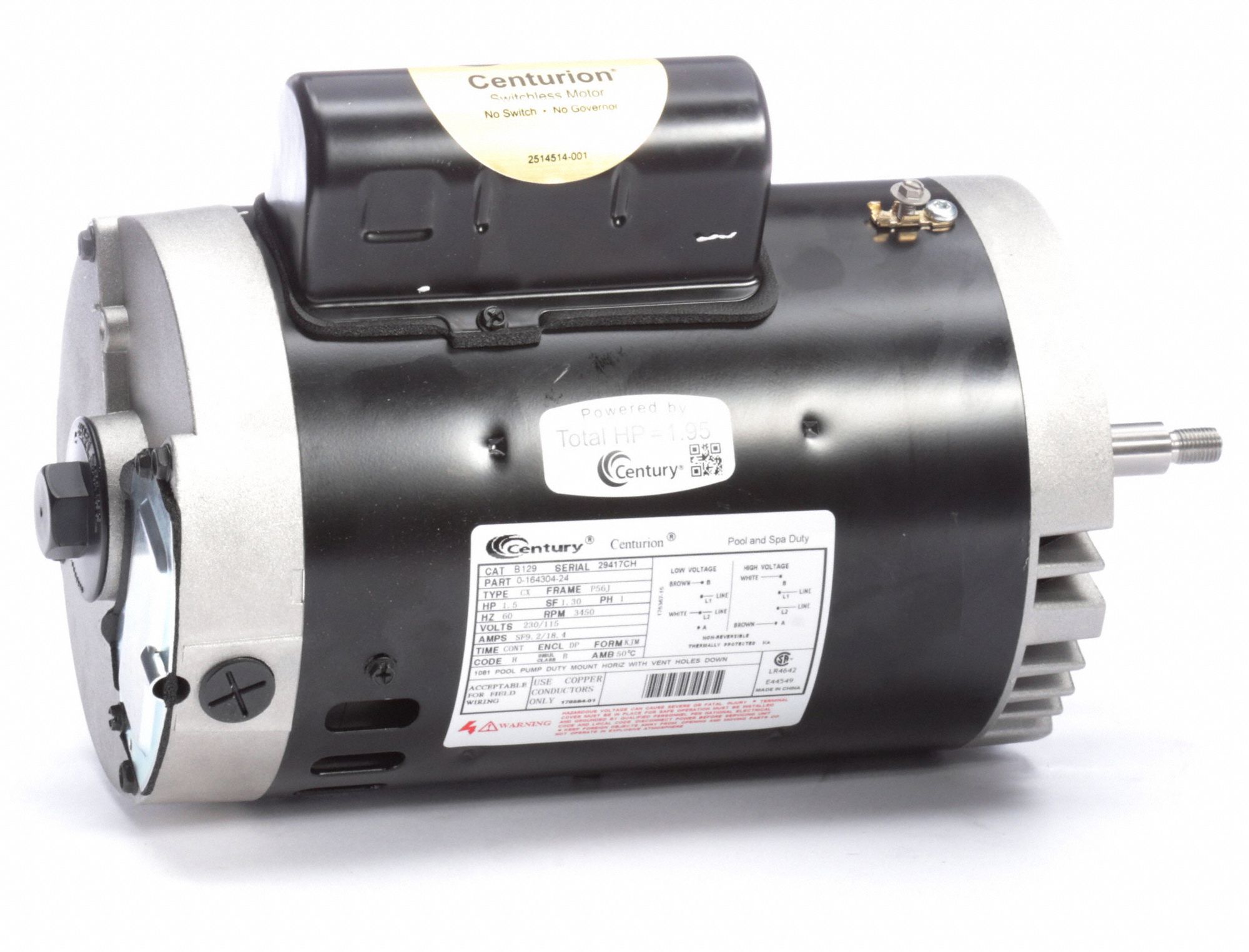 CENTURY Pool and Spa Pump Motor: Face Mounting, 1 1/2 HP, 1.3 Motor ...