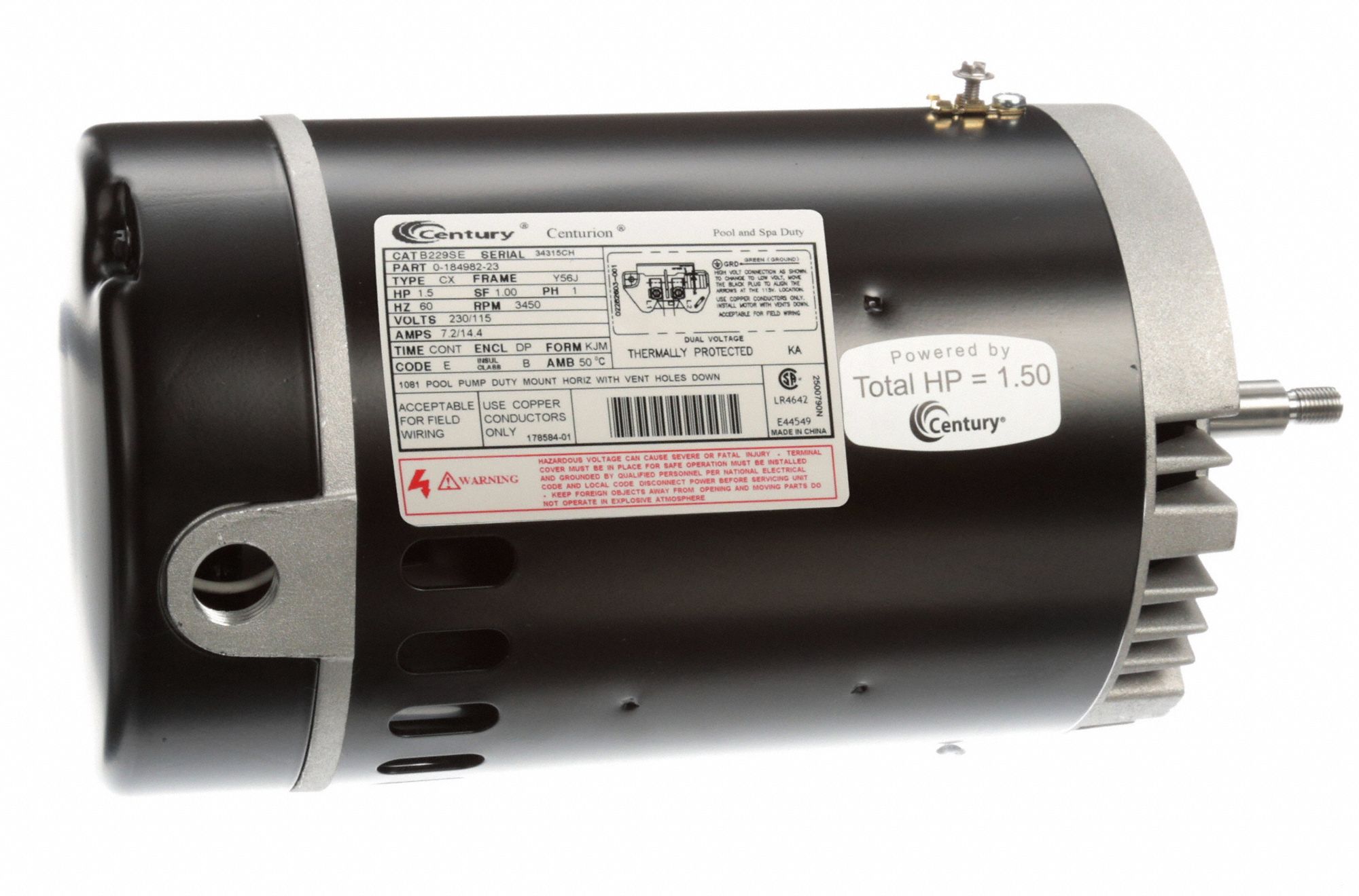 CENTURY Pool and Spa Pump Motor: Face Mounting, 1 1/2 HP, 1 Motor ...