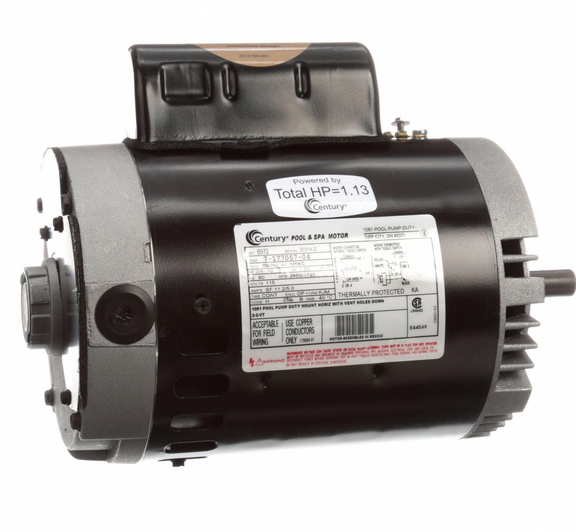 CENTURY Pool and Spa Pump Motor: Face Mounting, 3/4, 1/10 HP, 1.5 Motor ...